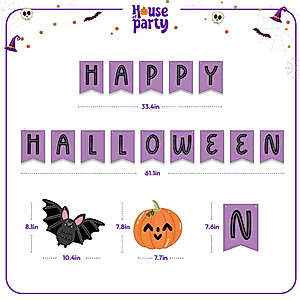 HOUSE OF PARTY Happy Halloween Banner - Happy Halloween Sign - Happy Birthday Halloween Banner - Indoor Halloween Party Decoration with Bat and Pumpkin - Perfect for Mantle, Halloween Party Decor!