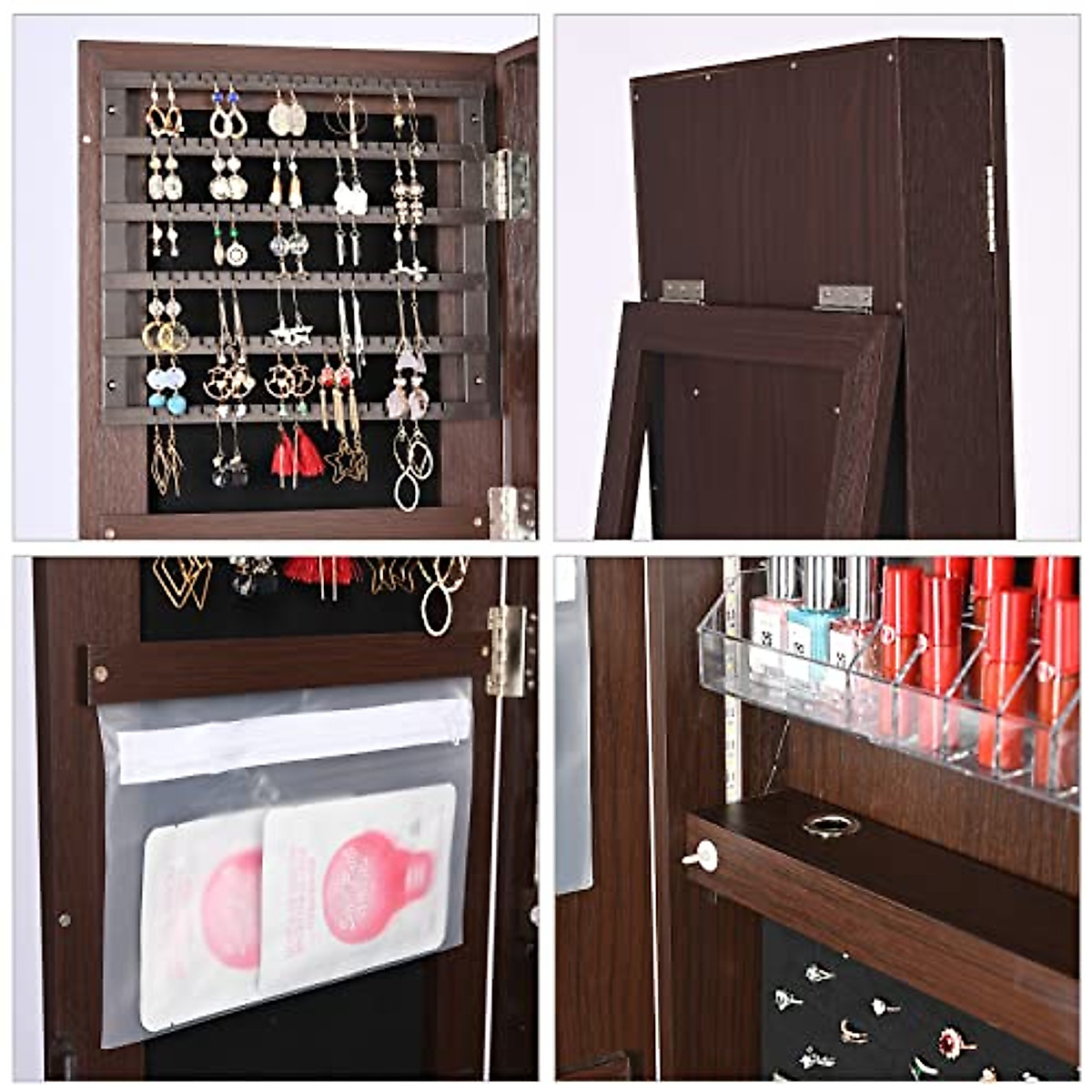 HNEBC LED Light Jewelry Organizer - 360° Rotating Armoire with Mirror, Full Length Cabinet for Jewelry Storage - Large Dark Brown Box Compatible with Alexa/Google Assistant