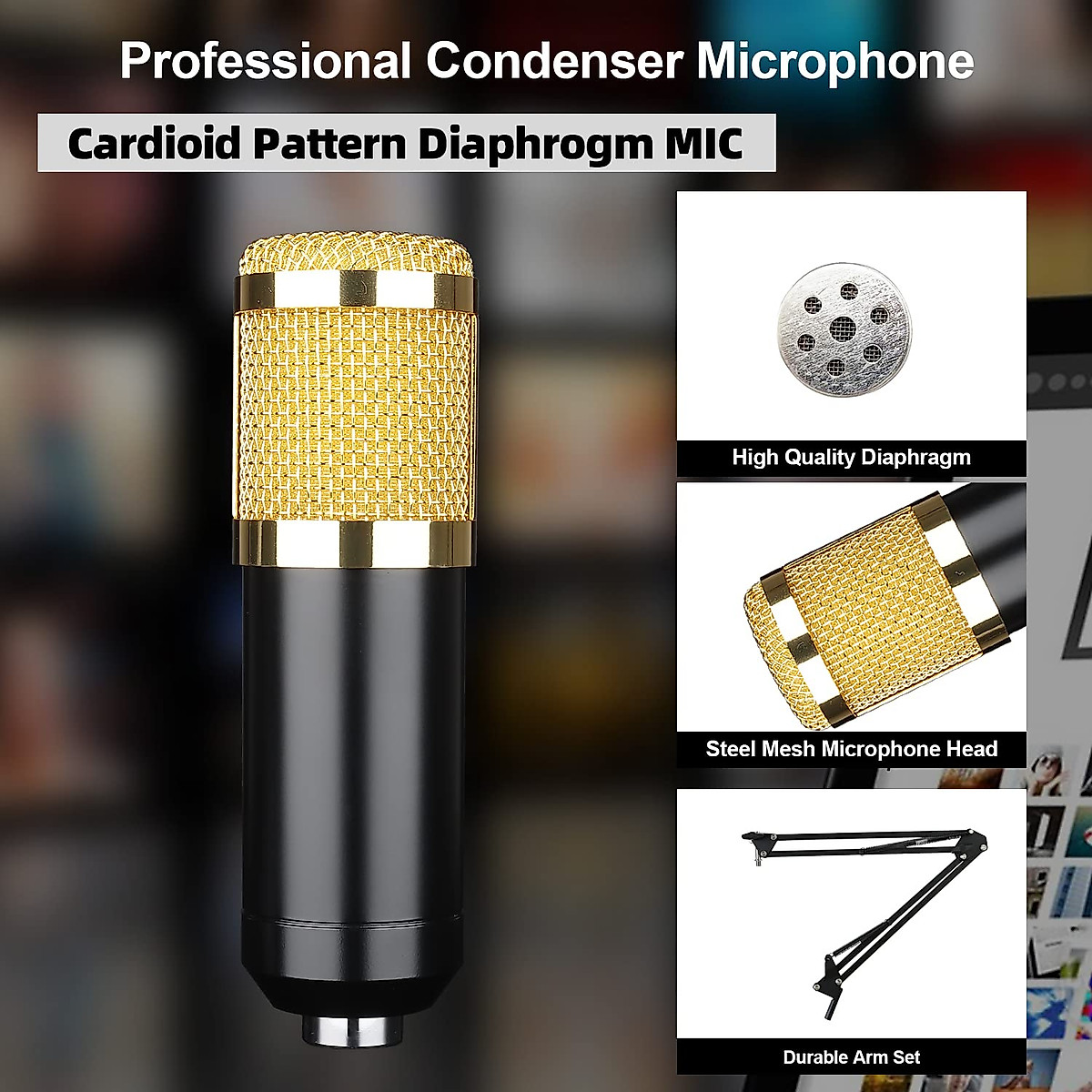 Studio Condenser USB Microphone Computer PC Microphone Kit with Adjustable Scissor Arm Stand Shock Mount, for PC Computer Recording Podcasting YouTube Karaoke Gaming Streaming Teaching Guarda GD100