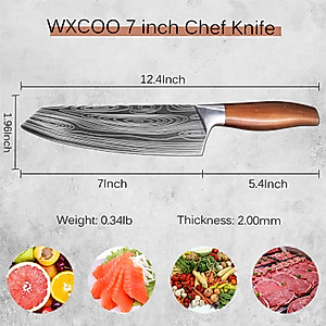 WXCOO 7 inch Laser Engraving Chef Knife, Professional Kitchen Chef’s Cooking Knife Sharp Asian Knives for Home & Restaurant, Stainless Steel Chinese Chef Knife with Wooden Ergonomic Handle