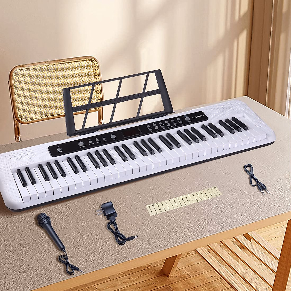 Lankro 61 Key Keyboard Piano Electric Keyboard Kit Lighted Keys With LCD Display, Microphone, Power Supply, Audio Cable, Piano Key Stickers, White
