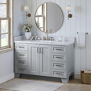 ARIEL 55" Grey Bathroom Vanity with 1.5" Edge Pure White Quartz Countertop & Backsplash, Center Rectangular Sink, 2 Soft Closing Doors, 9 Full Extension Dovetail Drawers, Toe Kick, Satin Brass