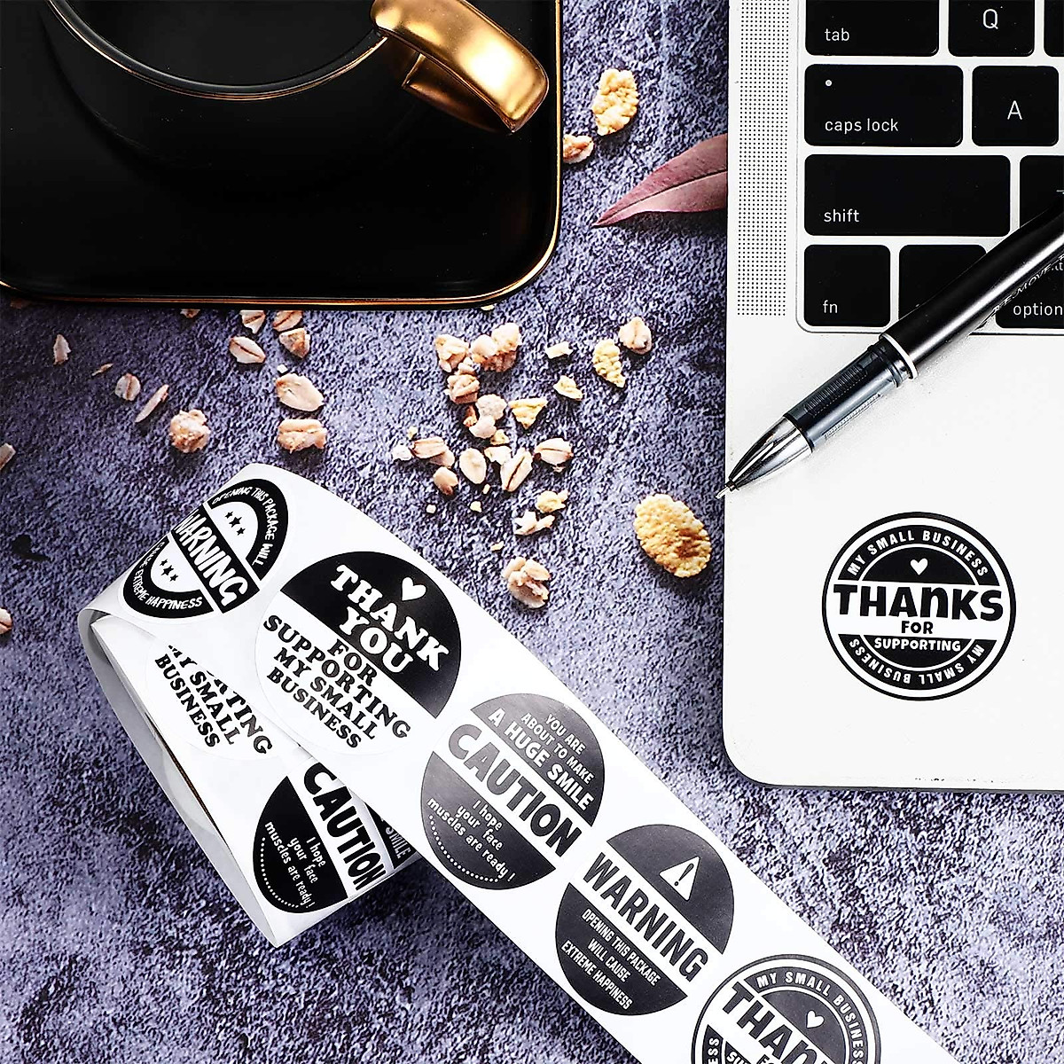 Zonon 600 Pcs Thank You Sticker Roll Small Business Stickers Black and White Warning Stickers Round Cute Thank You for Supporting My Business Sealing Label for Packing,1.5 Inch