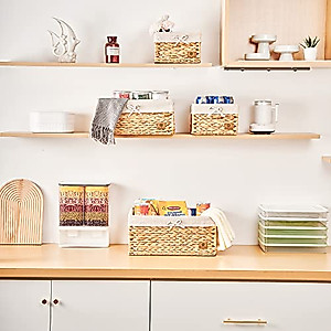 QH & Garden Hand-Woven Water Hyacinth Storage Baskets,Decorative Rectangular Wicker Basket with Detachable Liner,Natural Seagrass Woven Organizer Baskets for Shelves (set of 4)