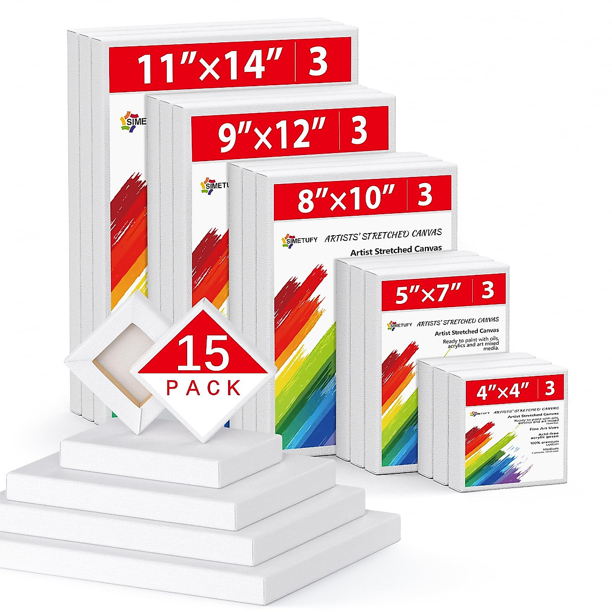 Simetufy 15 Sets Stretched Canvas for Painting, Multi Pack 4"x4", 5"x7", 8"x10", 9"x12", 11"x14", Pre-Primed Canvases Wood Framed Canvas Boards for Oil Acrylic Paint, Acid-Free for Kids &Artists