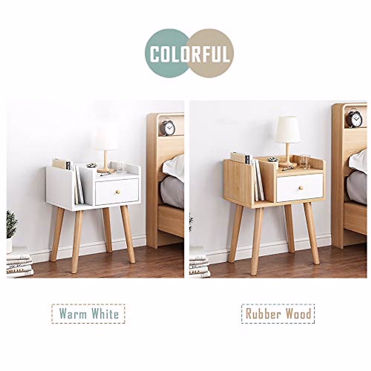 IOTXY Bedroom Wooden Night Stand - Bedside Cabinet with Storage Drawer and Bookcase, Compact Nightstands in White