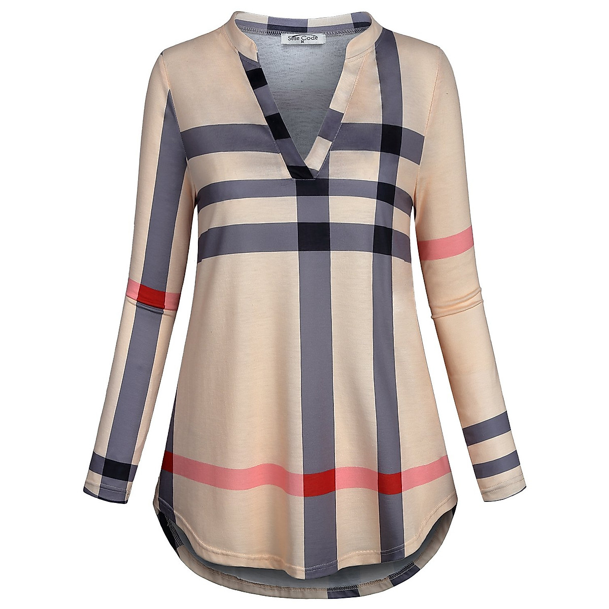 SeSe Code Work Blouses for Women, 2023 Tops for Leggings 3/4 Sleeve Fashion Tunic Checkered Business Casual Clothing Grey and Beige XXL