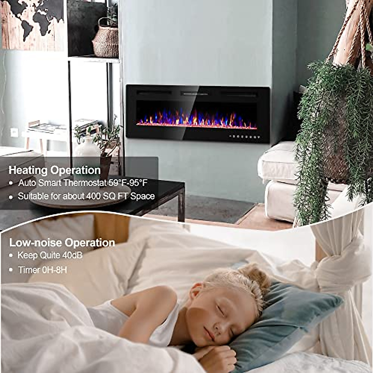 MEPTY 60" Electric Fireplace, Recessed and Wall Mounted Fireplace Insert, Fireplace Heater and Linear Fireplace with Remote Control, Timer, Adjustable Flame Color & Speed, Log Set & Crystal, Black