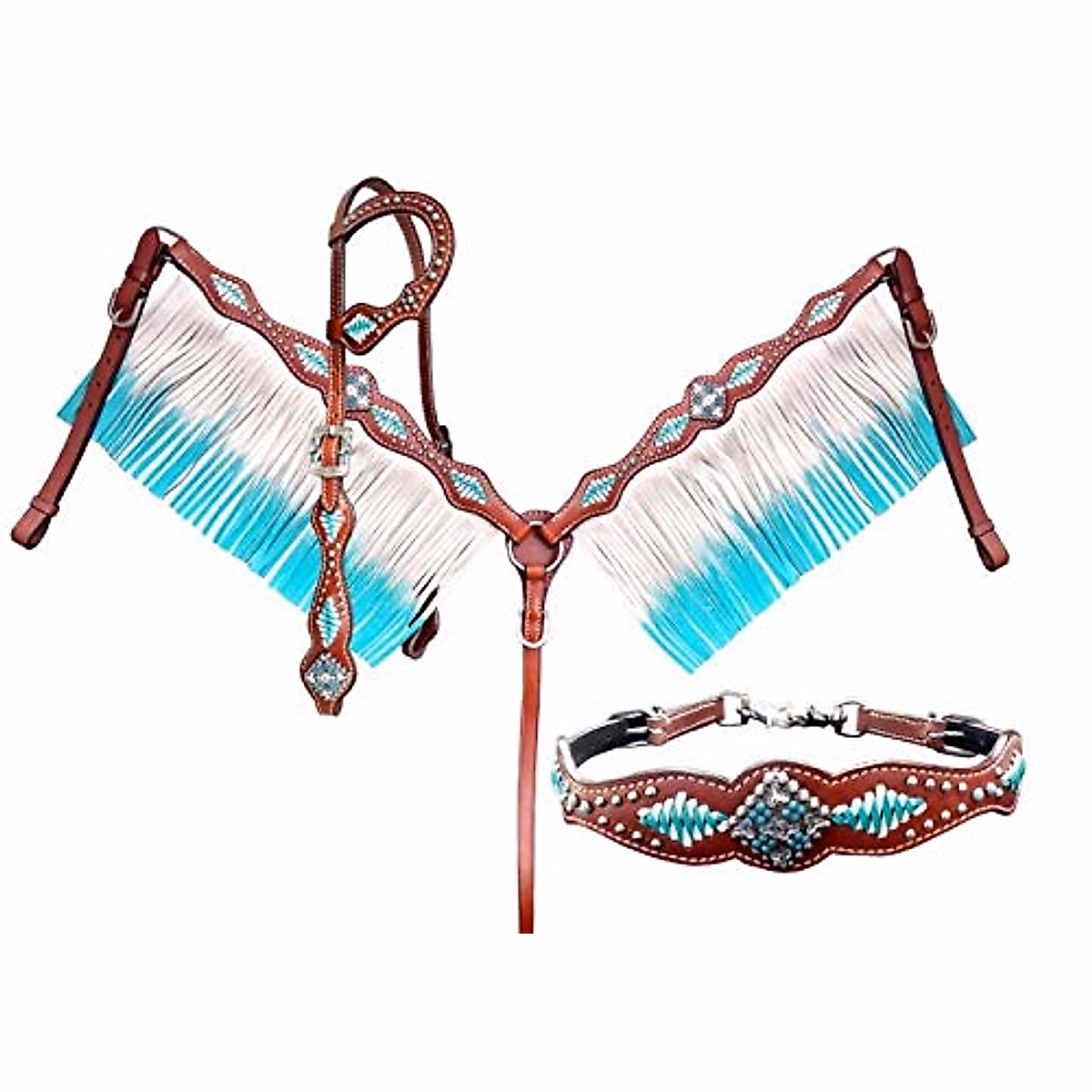 Turquoise and White Leather Laced One Ear 4 Piece Headstall and Breast Collar Set with Fringe.