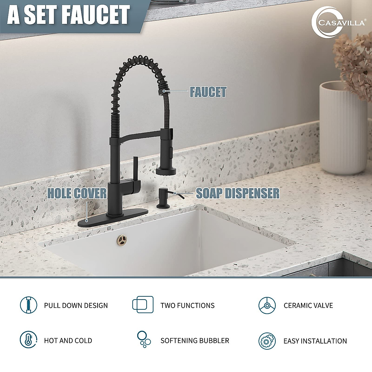 Casavilla Black Kitchen Faucet Soap Dispenser, Faucet for Kitchen Sink, Kitchen Sink Faucet with Deck Plate, Kitchen Faucet with Pull Down Sprayer and Dual Function Spray Head, RV Sink Faucet