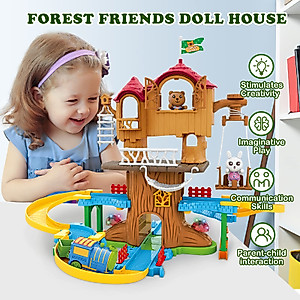 deAO Tree House Playset, Train Set Car Track Toys for Toddlers, DIY Forest Friends Pretend Playhouse with 2 Dolls Toy Figures,Train,Car Tracks,Swing,Sound & Light Function Toy House for 3+ Boys Girl
