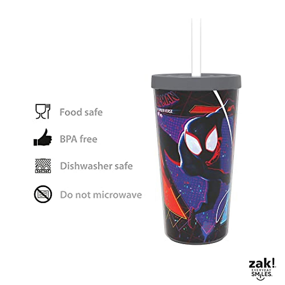 Zak Designs Marvel Spider-Man Across the Spider-Verse Movie Plastic Tumbler with Splash-Proof Lid and Straw, Durable Double-Wall Insulated Travel Cup Fits in Car Drink Holders (16oz, Non-BPA)