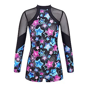 Moggemol Kids Girls Long Sleeve Mesh Splice Gymnastics Leotards Athletic Ballet Dance Biketard Short Unitard Black 12 Years