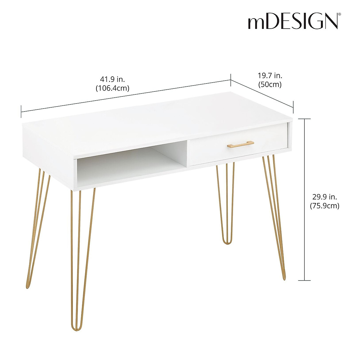 mDesign Metal/Wood Modern Computer Desk - Minimalist Desk and Computer Table with Drawer - Simple Desk with Storage Cubby and Hairpin Legs - Small Work Desk for Home Office, Study - White/Soft Brass