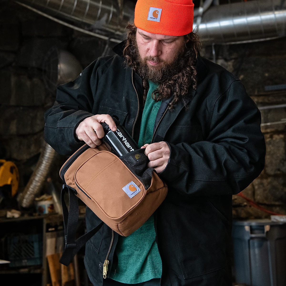 Carhartt Insulated 10 Can Vertical Cooler + Water Bottle, Fully-Insulated Lunchbox with Included Water Bottle, Brown