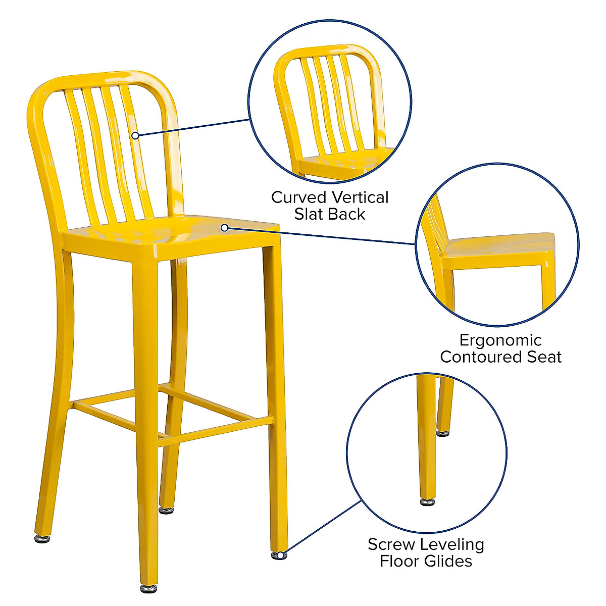 Flash Furniture Gael Commercial Grade 2 Pack 30" High Yellow Metal Indoor-Outdoor Barstool with Vertical Slat Back