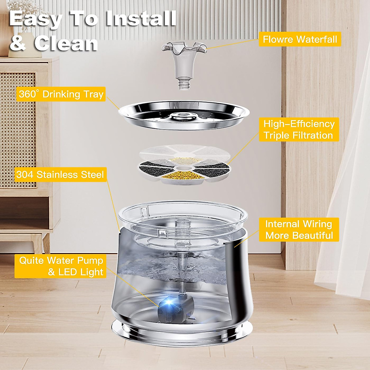 Kactoily Cat Water Fountain Stainless Steel, 2.5L/84oz Automatic Pet Water Fountain Ultra-Quiet Pump and 2 Filters, Cat Fountain for Drinking with LED Light, BPA-Free