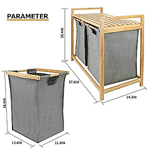 Jolitac Bamboo Laundry Hamper and Shelf, Dual Compartments Laundry Basket with Removable Sliding Bags, Large Capacity Laundry Sorter Organizer, Bathroom Clothes Storage Hampers