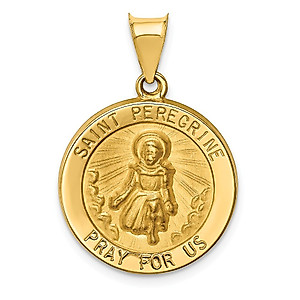 Solid 14k Yellow Gold Polished and Satin St. Peregrine Medal Pendant (21mm Height x 19mm Width)