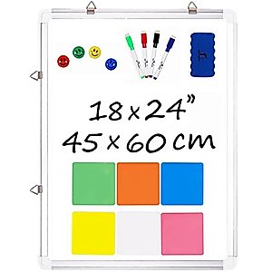 Whiteboard Set - 24 x 18" Dry Erase Board with 1 Magnetic Eraser, 4 Dry Wipe Markers, 4 Magnets and 6 Magnetic Labels - Wall Hanging Reminder Kanban Scrum White Board for Home and Office
