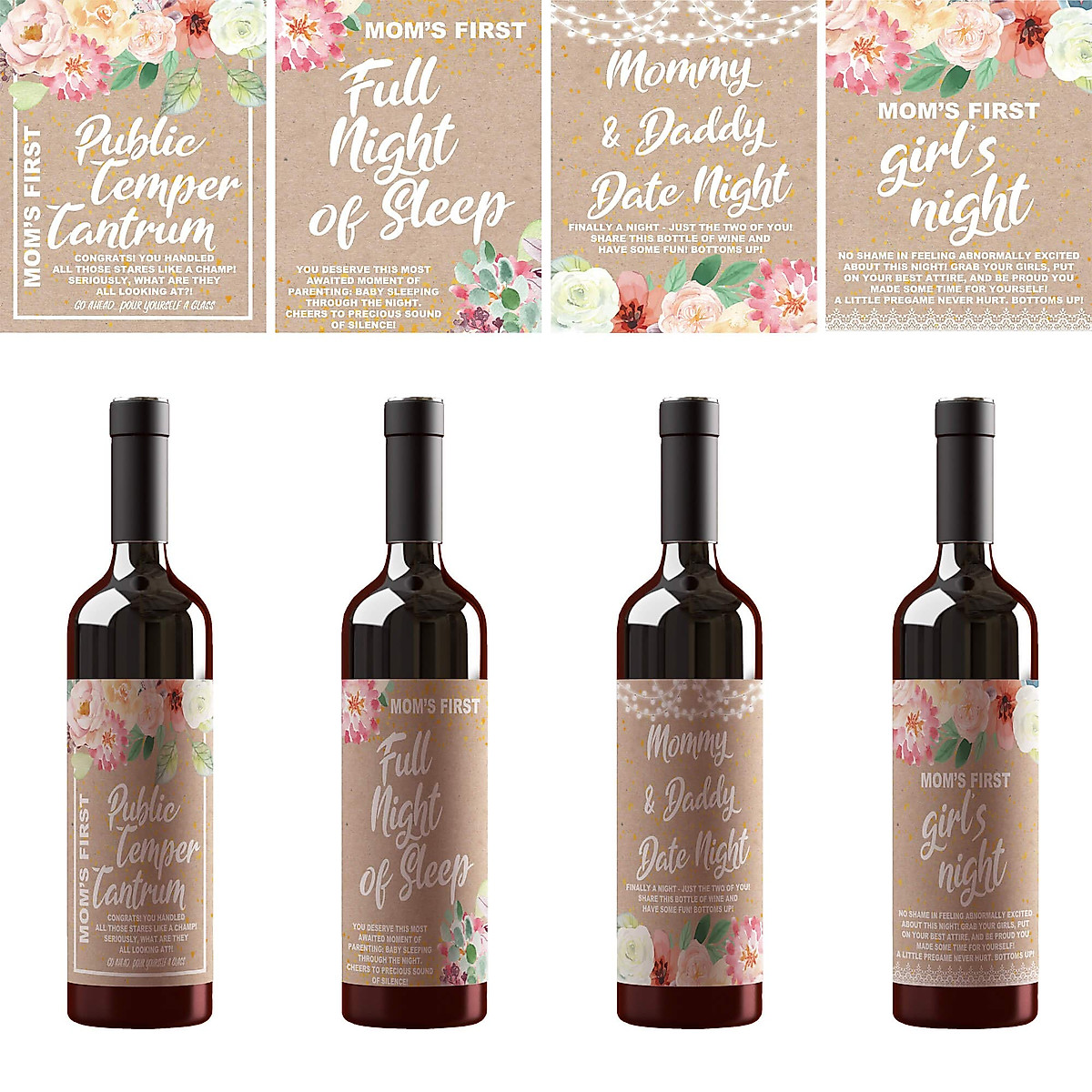 8 Mommy's First Milestone Wine Bottle Labels Stickers, Funny Mom's First Moments Having New Baby Girl or Boy, Great Gift Ideas For Mom To Be, 1st Date Night With Dad (WINE NOT INCLUDED)