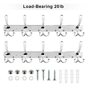 JOSHNESE Wall Mount Coat Hooks,5 Tri Hooks Heavy Duty Stainless Steel Hook Rail for Coat Hat Towel Robes Mudroom Bathroom Entryway（2 Pack,Silver