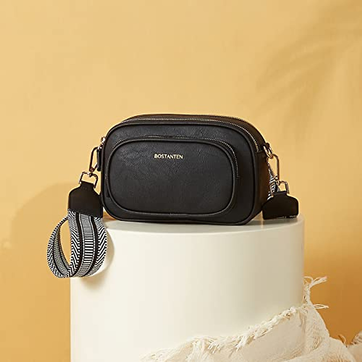 BOSTANTEN Crossbody Bags for Women Leather Cell Phone Purse Shoulder Handbags with Wide Strap Black