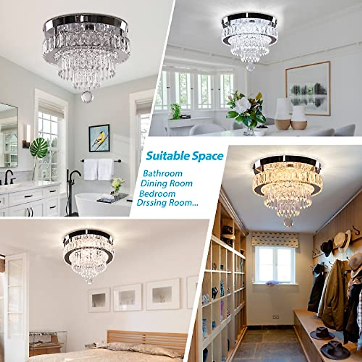 Cainjiazh 11.8" Dimmable Crystal Chandelier Crystal Ceiling Light Modern Crystal Chandeliers Flush Mount Ceiling Light Lamp Fixture for Dining Room Living Room Bedroom Hallway Remote Control