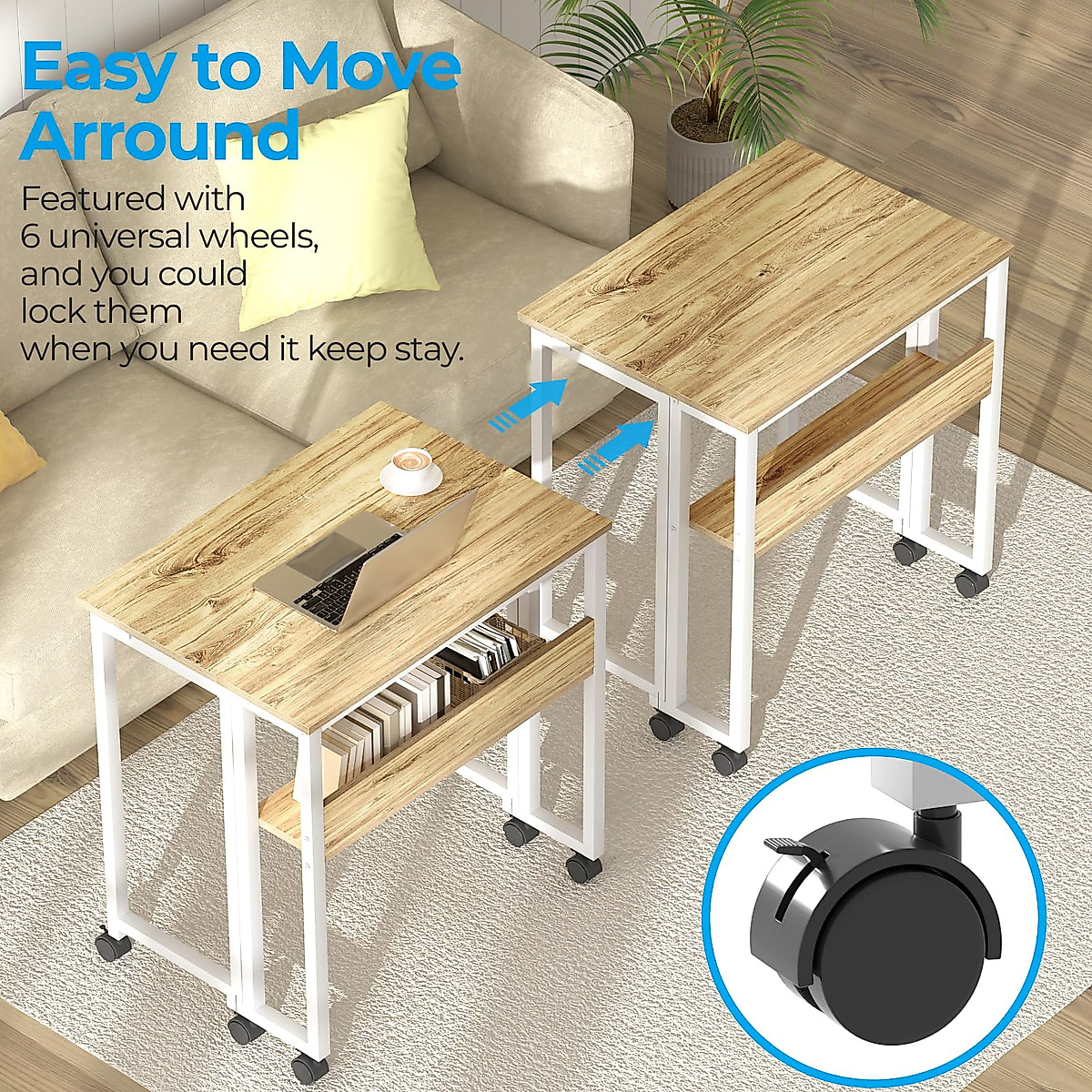 GreenForest Folding Desk Small Rolling Desk with Storage Shelf,24.8 inch Foldable Computer Desk with Wheels for Small Space,Easy Assembly,Oak