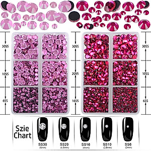 LPBeads 6400 Pieces Pink and Fuchsia Hotfix Rhinestones Flat Back 5 Mixed Sizes Crystal Round Glass Gems with Tweezers and Picking Rhinestones Pen