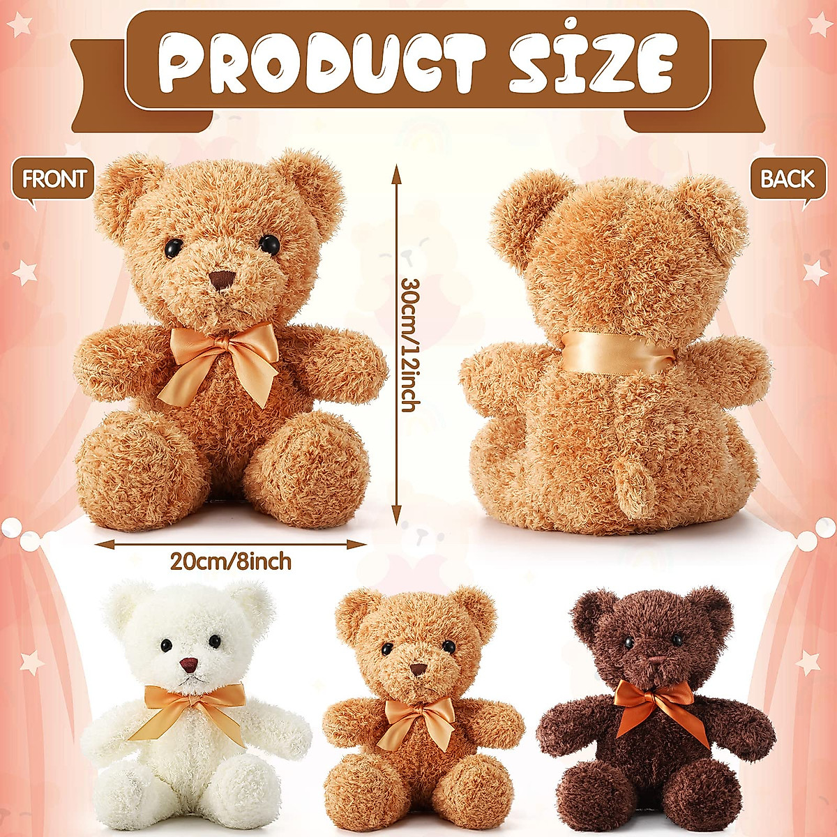 HyDren 12 Pcs Bear Stuffed Animal 12 Inch Bulk Soft Plush Bear Toys with Ribbon Bow Ties Fluffy Bears for Birthday Gift Baby Shower Graduation Wedding Party Favors(Light Brown, Dark Brown, White)