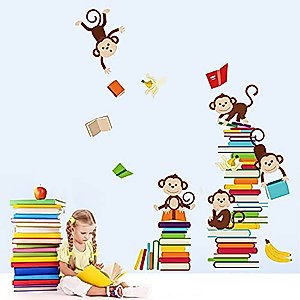 decalmile Monkey Wall Decals Animals Reading Books Wall Stickers Baby Nursery Kids Bedroom Classroom Wall Decor