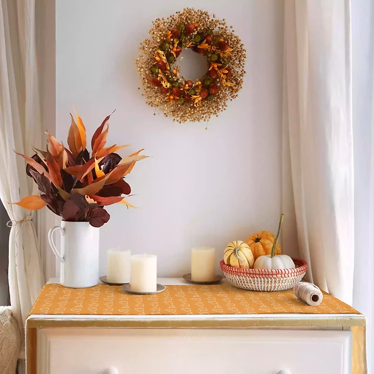 Lsrtoss Thanksgiving Fall Table Runner 60 Inches Long Farmhouse Dress Scarves, Autumn Orange Pumpkin Dining Tablerunner for Coffee Table/Kitchen Island/Party Décor, 13" x 60"