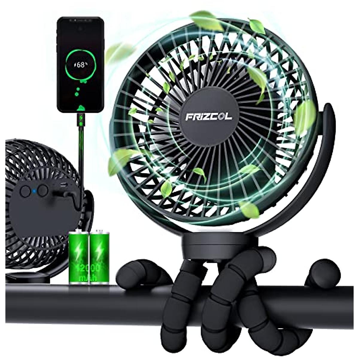 Portable Stroller Fan, Use As Power Bank, 65H 12000mAh Battery Operated Fan Flexible Tripod Baby Car Seat Fan, Personal Mini Handheld/Desk/Small Clip On Fans For Stroller, Carseat, Beach, Bed, Camping