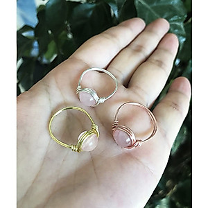 YWDREAM Crystal Rings for Women Spiritual, Healing Crystal Rings Wire Wrapped Ring, Carnelian Rose Quartz Amethyst Tiger Eyes Opalite Amazonite Gemstone Ring (Rose Quartz-Silver, 9)
