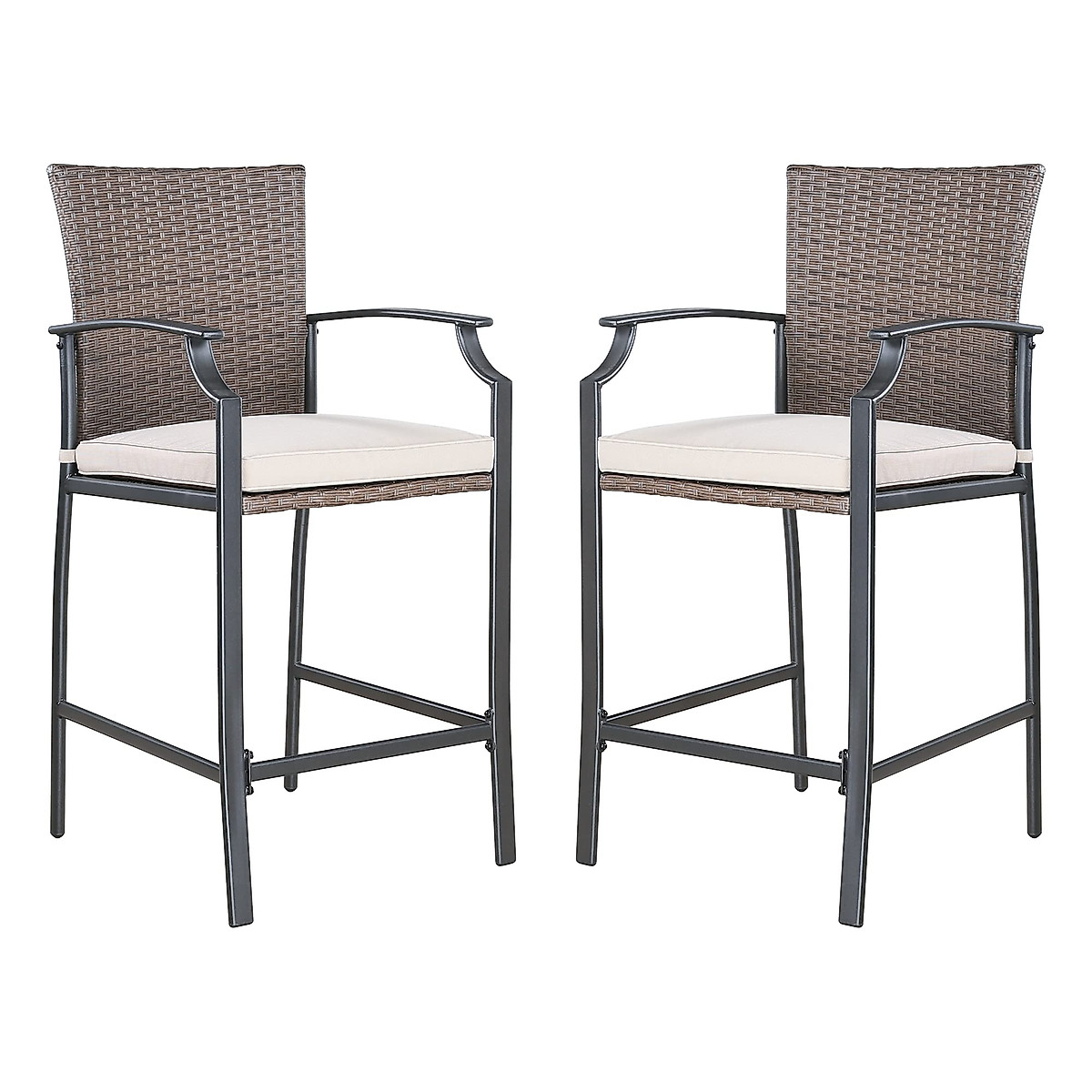 Patio Tree Outdoor Wicker Counter-Height Bar Chairs, Patio Steel Rattan Bar Stools with Removable Cushion, Set of 2