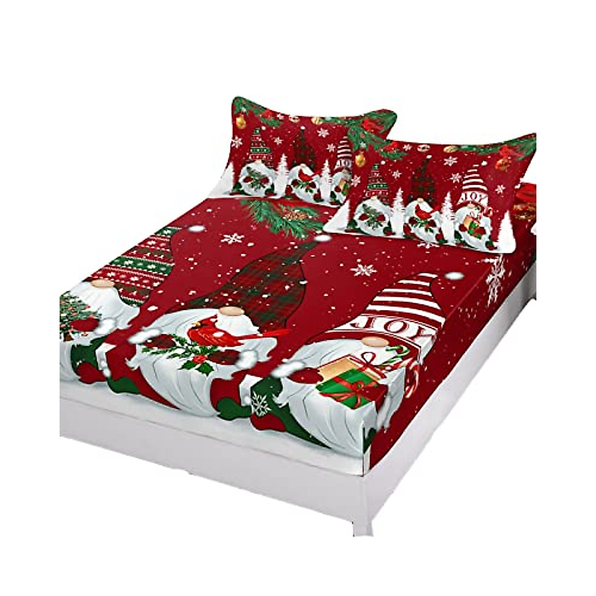Full Size Fitted Sheet Bed Set Christmas Dwarf Holly Cardinal Deep Pocket Soft Bottom Sheets&Pillowcases for Bedroom Decor Winter Snowflake on Red,Fits Mattress Up to 16" Deep
