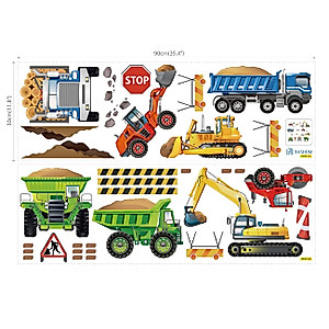 BASHOM BS-103 Large Construction Vehicles Wall Decals Excavator Tractor Truck Stickers for Kids Boys Baby Bedroom Nursery Playroom Living Room Art Decor