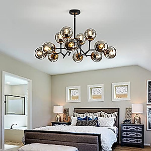 UOFUS 12-Light Glass Globe Sputnik Chandelier Mid-Century Modern Matte Black and Gold Ceiling Light Fixture Vintage Hanging Pendant Light for Bedroom Living Room Kitchen Farmhouse Dining Room