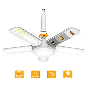 CREATESTAR LED Garage Lights, 80W 8000LM Dimmable LED Garage Ceiling Lights, 5 Leaf Adjustable Lights, E26 Deformable LED Lights for Basement Barn Garage Workshop Workbench Warehouse(1 Pack)