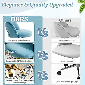 VINGLI Modern Velvet Small Office Chair,Cute Desk Chair with Wheels,Gold Base/Studs, Comfy Armless Swivel Vanity Task Chair for Women/Girl/Kids, Nail Tech Chair for Bedroom,Small Space,Cruising Blue