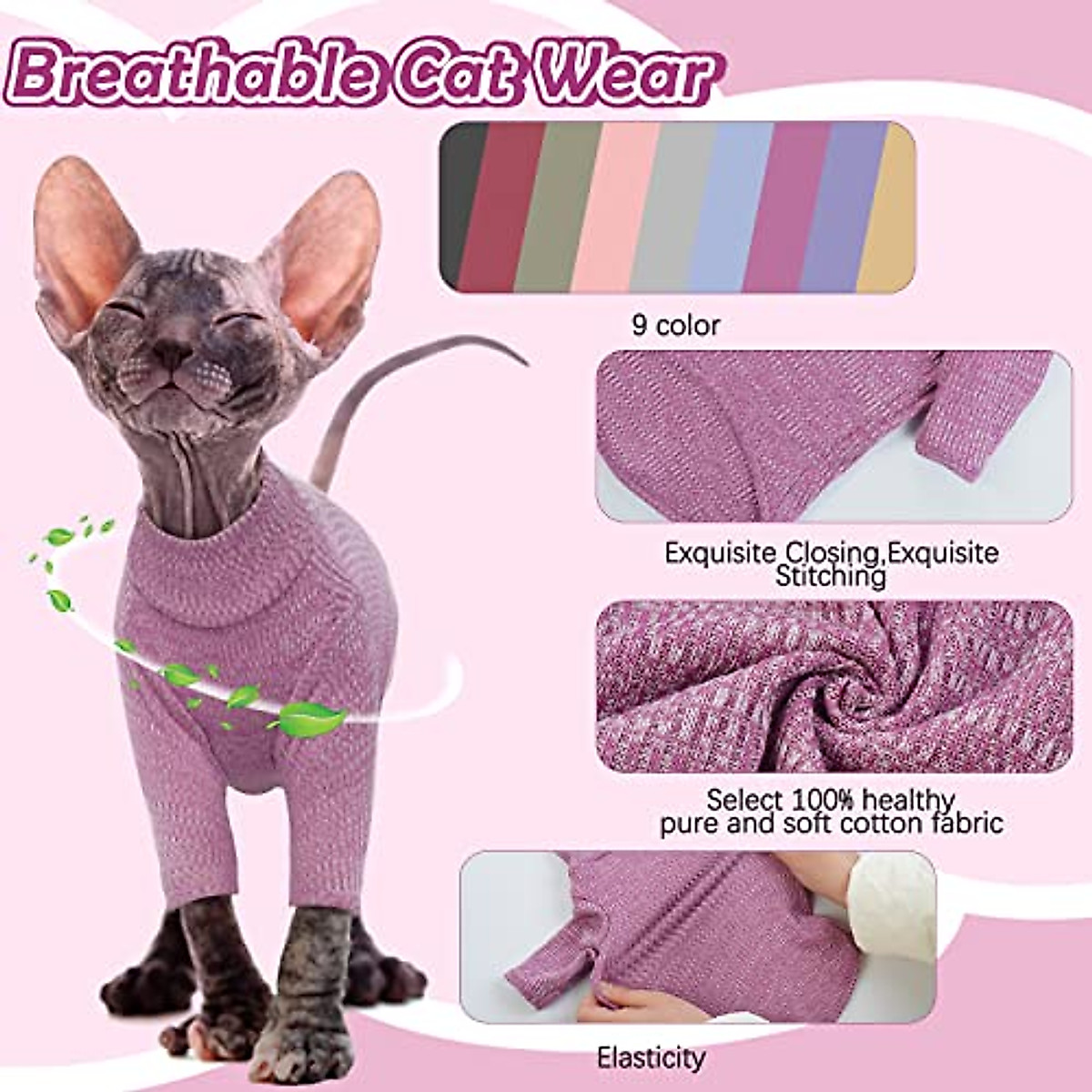 DENTRUN Sphynx Hairless Cats Shirt Pullover Kitten T-Shirts, Breathable Cat Wear Turtleneck Sweater Adorable Cat's Clothes Vest Pajamas Jumpsuit