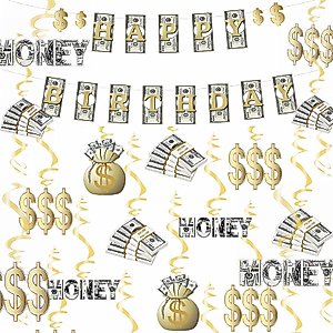 YiiiGoood Money Theme Decoration KIT Bill Dollar Signs Birthday Banner & Hanging Swirls Money Bag Currency Symbol for Birthdays Casino Weddings Bachelorette Retirement Anniversary Graduations Party