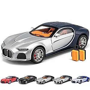 Addcean Model Car 1/24 Bugatti Toy Car, Atlantic Alloy Die Cast Cars Model Car for Kids Birthday Christmas Party Gift, Pull Back Toy Cars with Sound and Light (Silver-Blue)