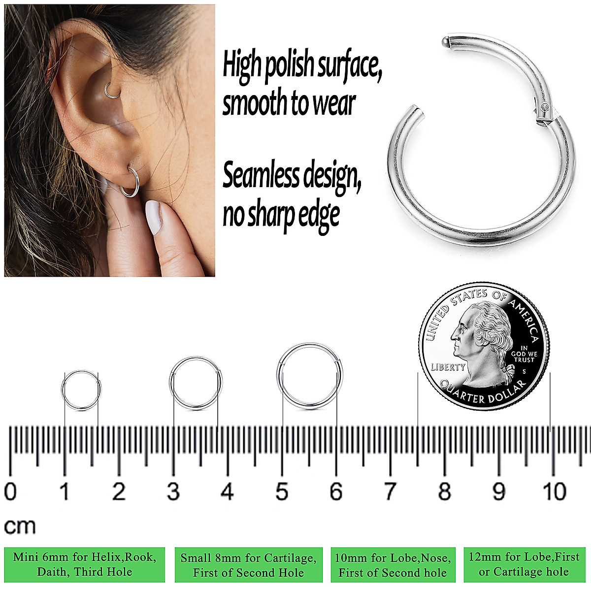 LOYALLOOK G23 Titanium Hinged Clicker Segment Nose Rings Hoop Septum Nose Lip Ring Hoop for Women Men Helix Cartilage Daith Tragus Sleeper Earrings Body Piercing Improved 16G Silver Tone