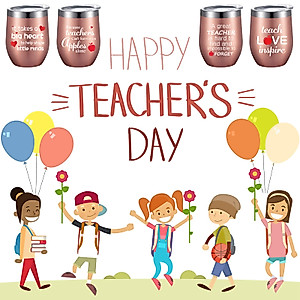 Patelai 4 Pcs Teacher Appreciation Gift Back to School Gift Personalized Thank You Teacher Coffee Mug Birthday Christmas Gifts for Women Men, 12 oz Wine Tumbler with Straws and Brushes (Rose Gold)