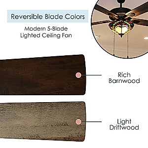 RIVER OF GOODS Tiffany-Style Stained Glass Ceiling Fan - 52" L x 52" W - Distressed Light and Dark Brown Fan Blades