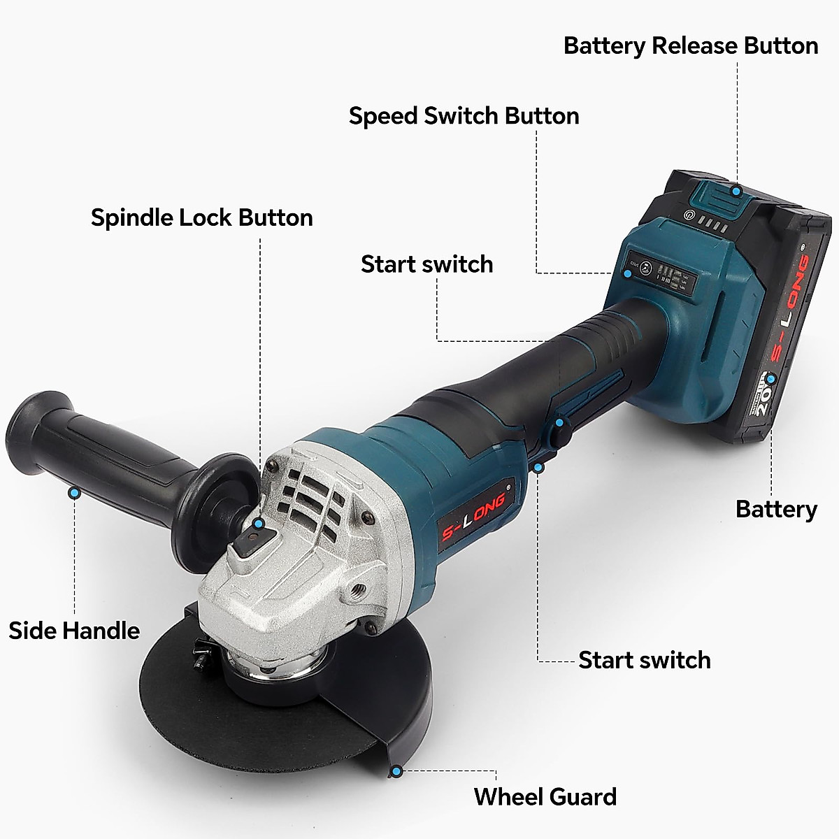 S-LONG Cordless Angle Grinder with 4.0AH Batterie, 20V Power Angle Grinder Tools with Fast Charger, 9000 RPM Brushless Motor Metal Grinder, 4-1/2'' Cutting Wheels, Flap Disc for Cutting