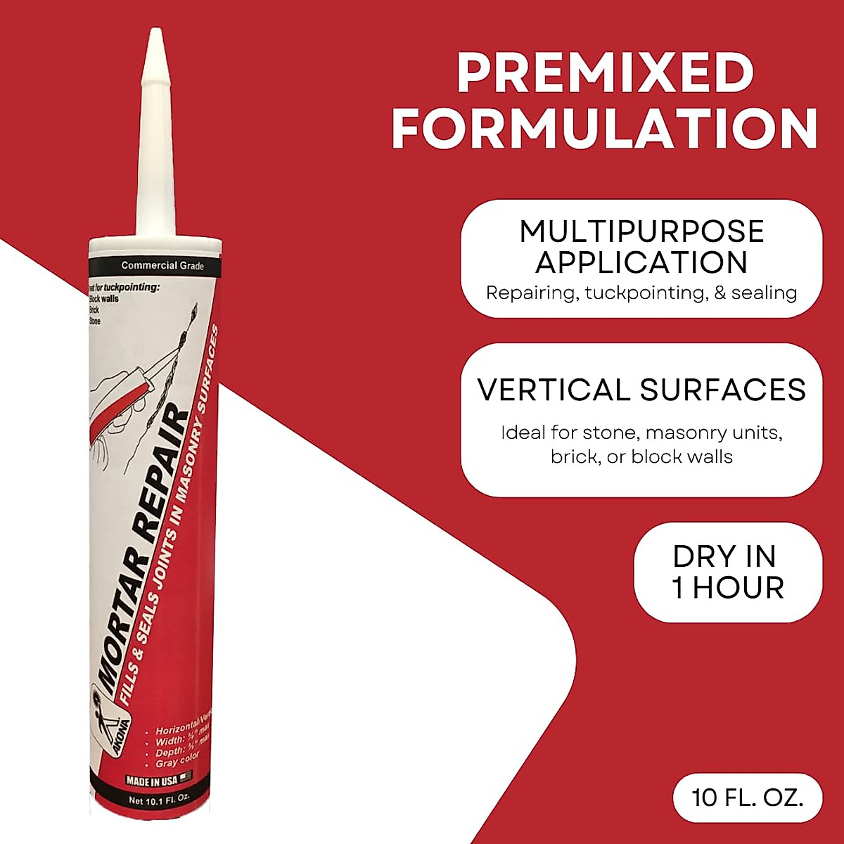 Akona Mortar Repair Tube - Tuckpointing, Sealing, & Repairing Stone, Brick, & Block Walls, Gray, Paintable, Fast Drying (10 Ounce, 1)