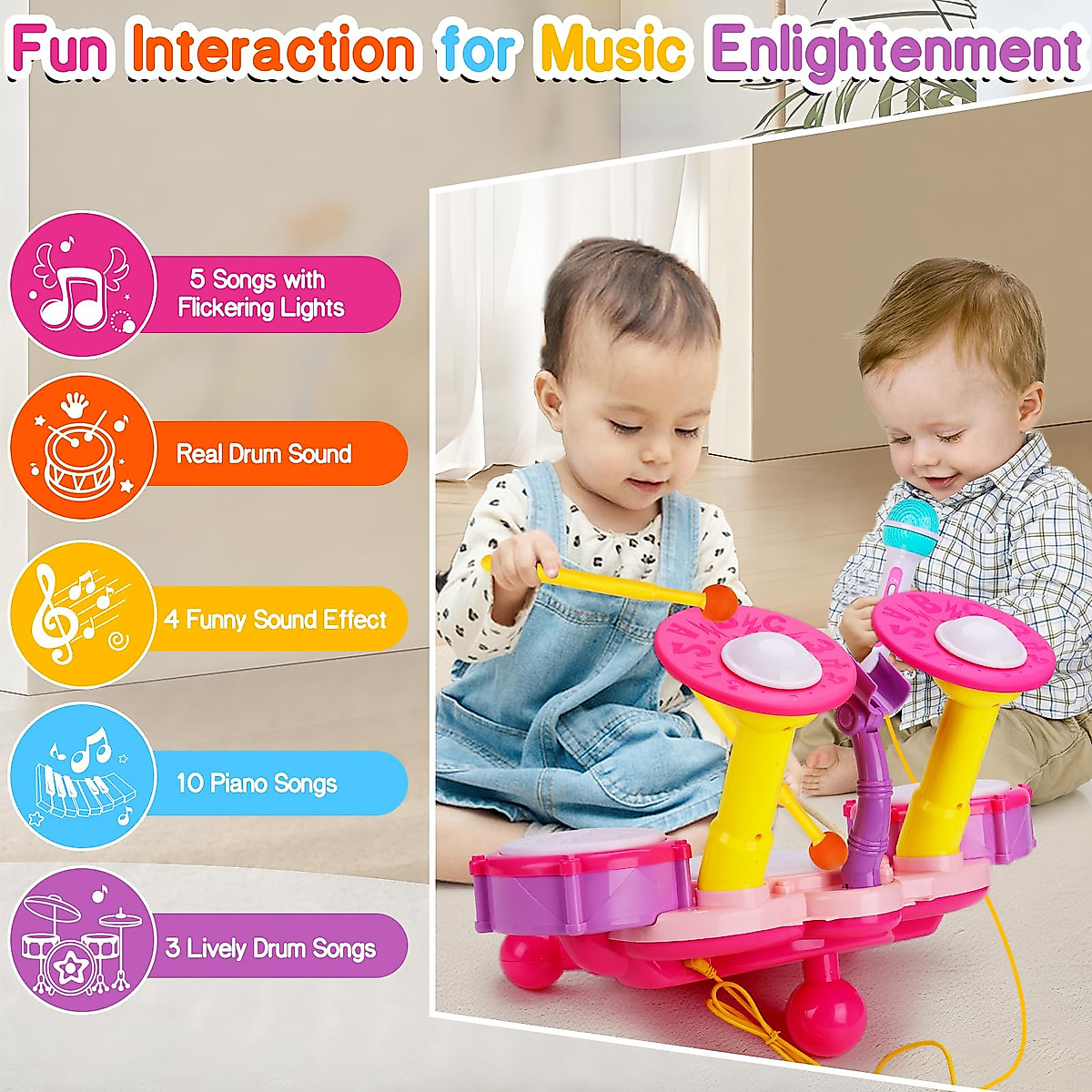 Basytodio Baby Music Toy 0-6-12 Month Electronic Kid Drum Set for Toddler Indoor Outdoor Montessori Sensory Activity Interactive Infant Surprise First Birthday Gift for One Year Old Girl Boy
